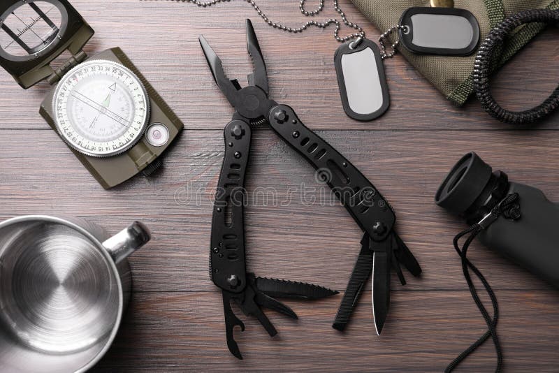 Flat Lay Composition with Compact Portable Multitool and Accessories on ...