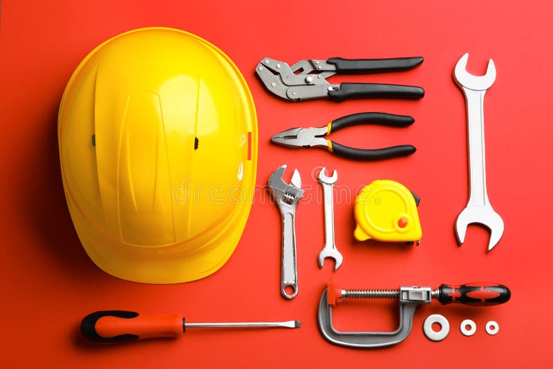 Flat Lay Composition with Construction Tools on Color Stock Image ...