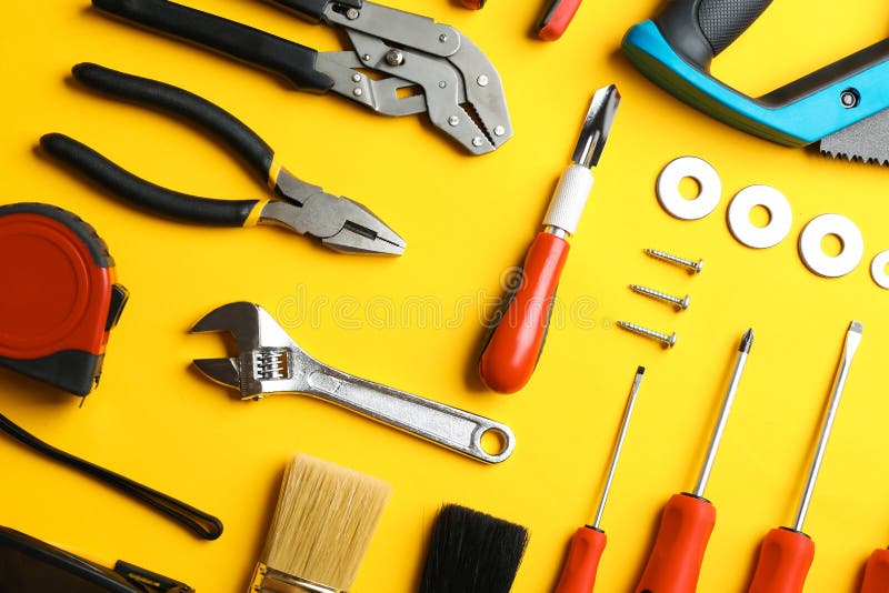 Flat Lay Composition with Construction Tools on Color Stock Photo ...