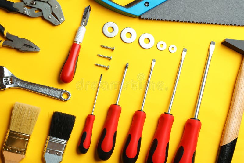 Flat Lay Composition with Construction Tools Stock Photo - Image of ...