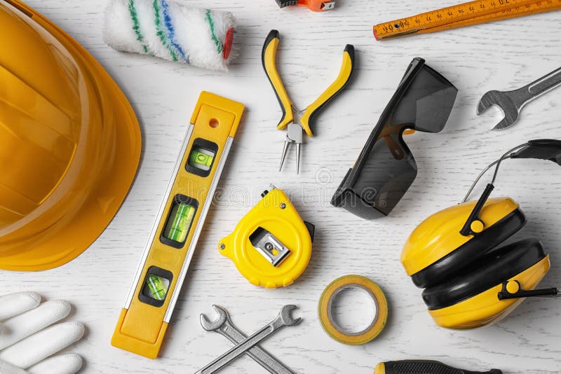 Flat Lay Composition with Construction Tools on White Background Stock ...