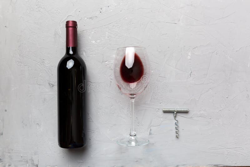 Flat Lay Composition with Corkscrew, Bottle of Wine and Elegant Glass ...