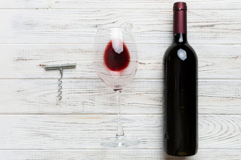 Flat Lay Composition with Corkscrew, Bottle of Wine and Elegant Glass ...