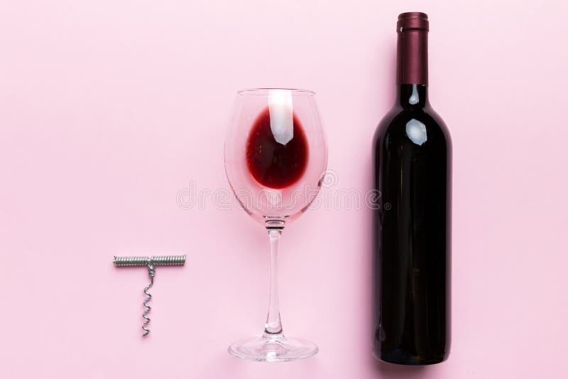 Flat Lay Composition with Corkscrew, Bottle of Wine and Elegant Glass ...