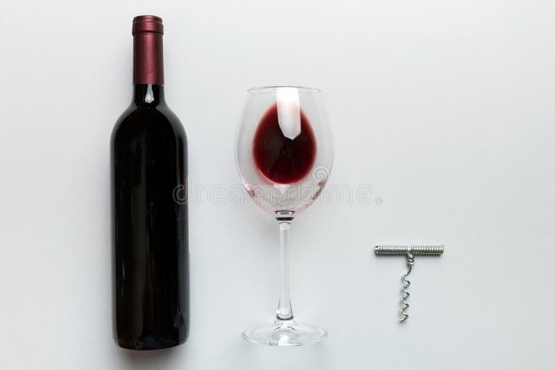 Flat Lay Composition with Corkscrew, Bottle of Wine and Elegant Glass ...