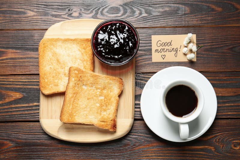 Flat Lay Composition with Crispy Toasts on Table. Delicious Breakfast ...