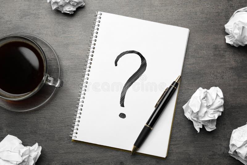 Flat Lay Composition of Crumpled Paper Balls and Notebook with Question ...