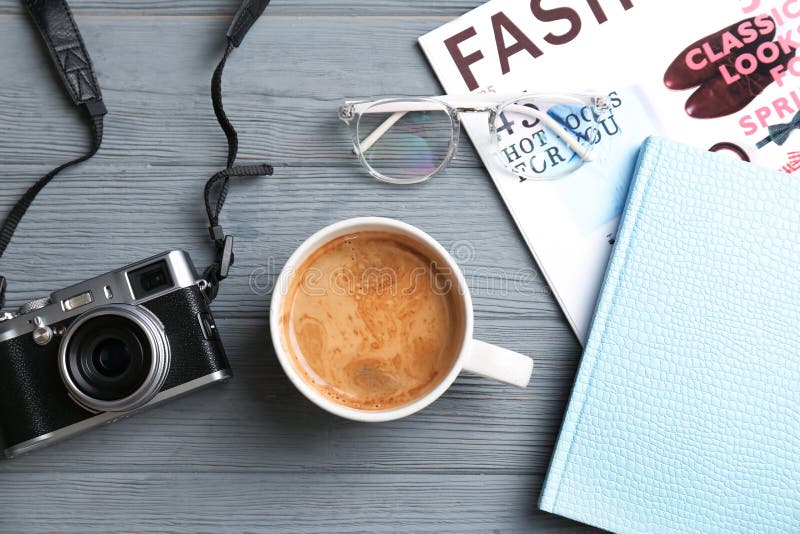 Flat Lay Composition with Cup of Coffee Stock Photo - Image of coffe ...