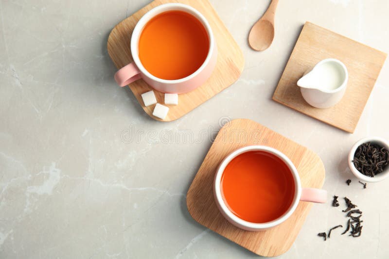 Flat Lay Composition with Cups of Black Tea on Tabl Stock Photo - Image ...