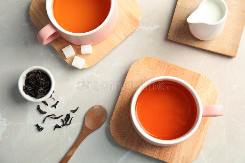 Flat Lay Composition with Cups of Black Tea on Table Stock Image ...