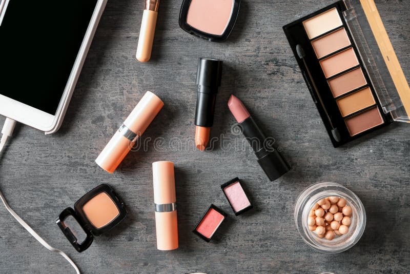 Flat Lay Composition with Decorative Cosmetics and Mobile Phone on Grey ...