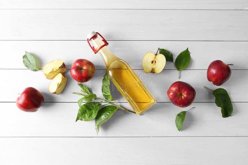 Flat Lay Composition with Delicious Apple Cider on White Wooden Table ...