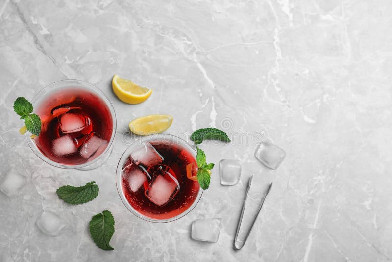 Flat Lay Composition with Delicious Cocktails on Light Grey Table Stock ...