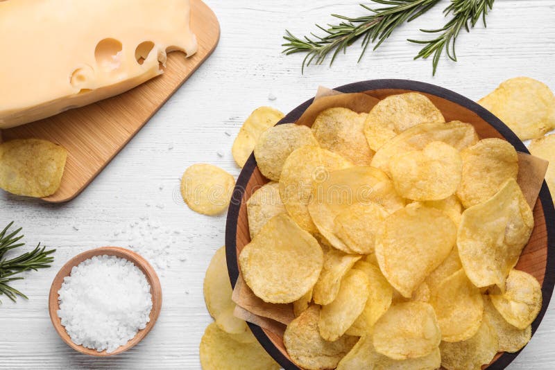 Flat Lay Composition with Delicious Crispy Potato Chips Stock Image ...