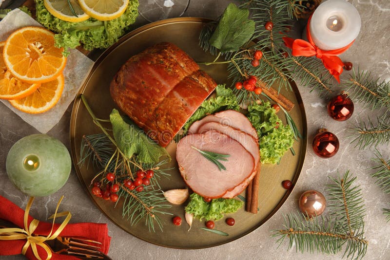 Flat Lay Composition with Delicious Ham on Table. Christmas Dinner ...