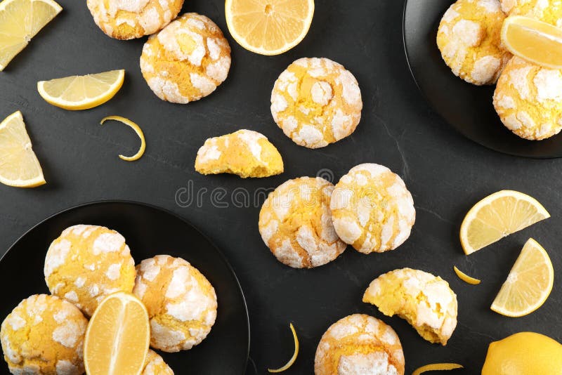 Flat Lay Composition with Delicious Lemon Cookies on Black Table Stock ...
