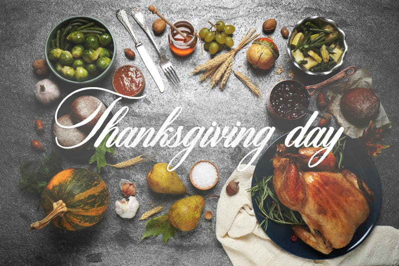 Flat Lay Composition with Delicious Roasted Turkey. Happy Thanksgiving ...