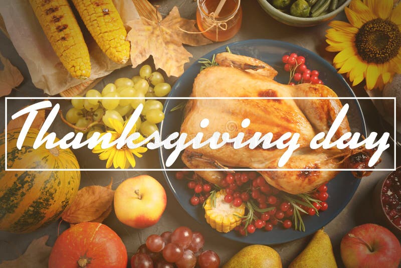 Flat Lay Composition with Delicious Roasted Turkey on Table. Happy ...