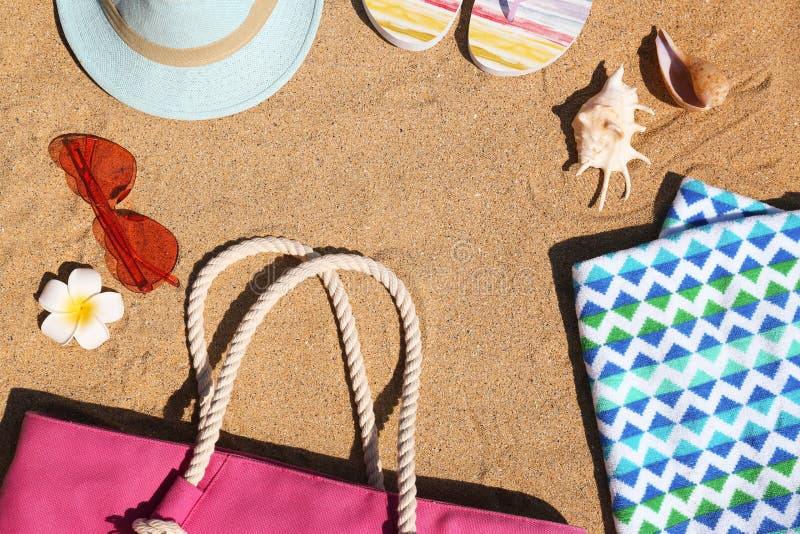 Flat Lay Composition with Different Beach Objects on Sand Stock Image ...