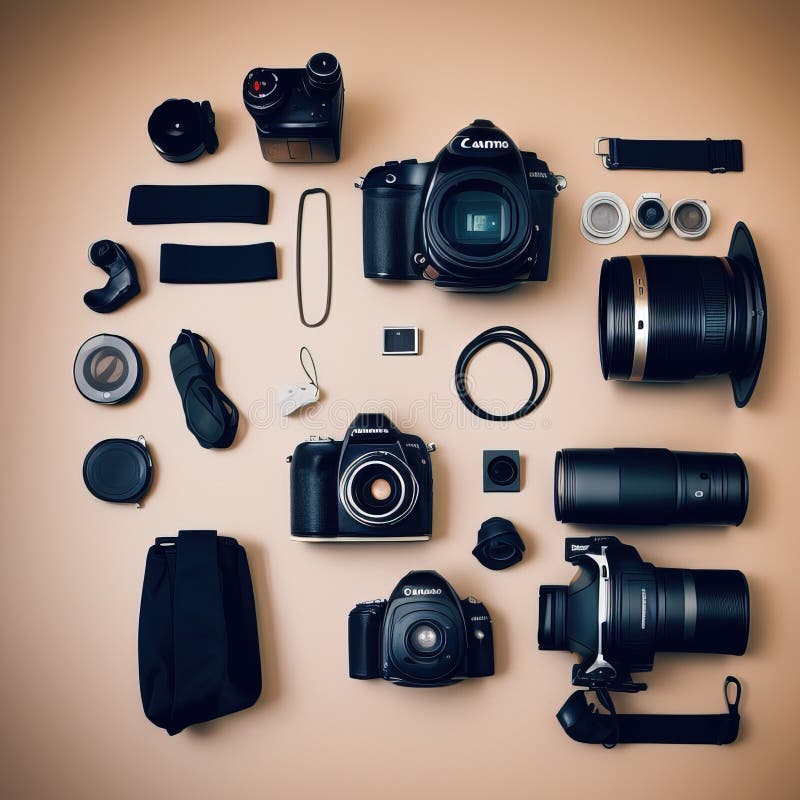 Flat Lay Composition with Different Cameras on Table Stock Illustration ...