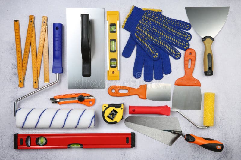 Flat Lay Composition with Different Construction Tools on Grey Textured Table Stock Image ...