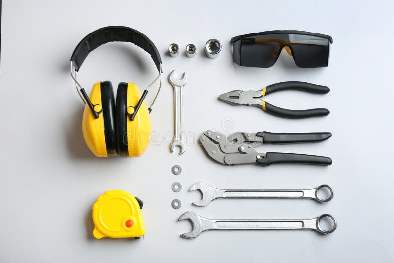 Flat Lay Composition with Different Construction Tools on White Stock ...
