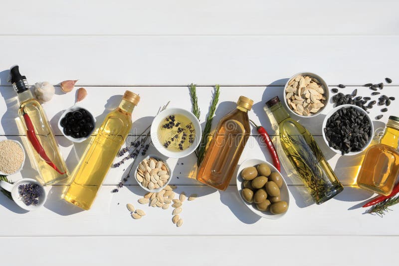 Flat Lay Composition with Different Cooking Oils and Ingredients on ...