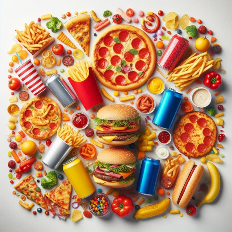 Flat Lay Composition with Different Fast Food Products on White ...