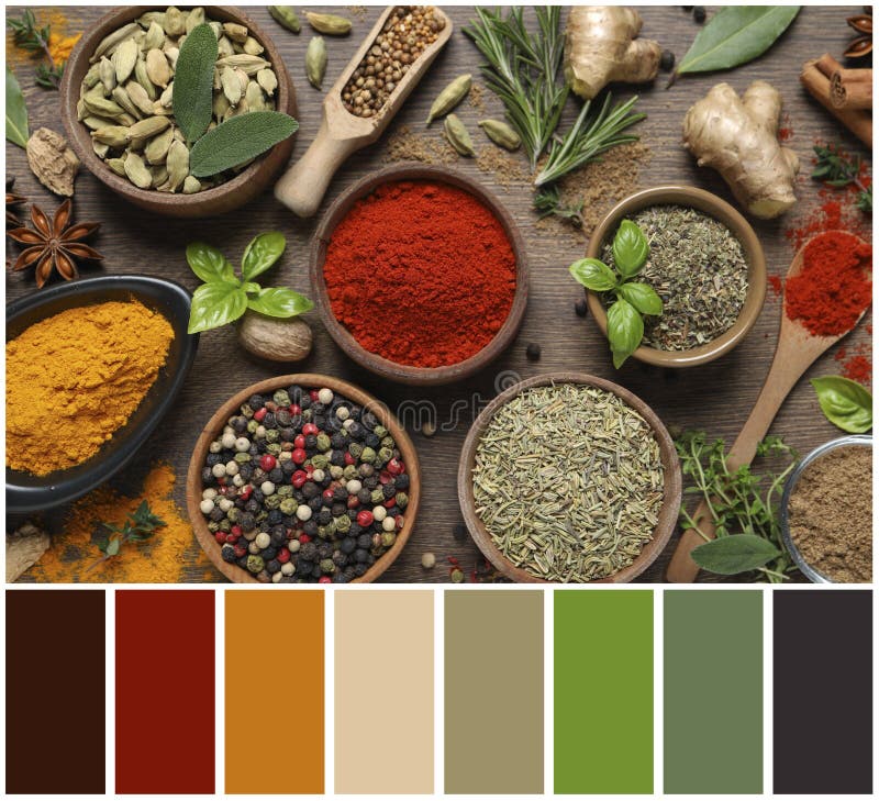 Flat Lay Composition with Different Herbs and Spices on Wooden Table ...