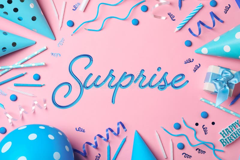 Flat Lay Composition with Different Items for Surprise Party on Pink ...
