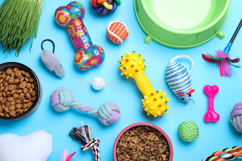 Flat Lay Composition with Different Pet Toys and Feeding Bowls on Light ...