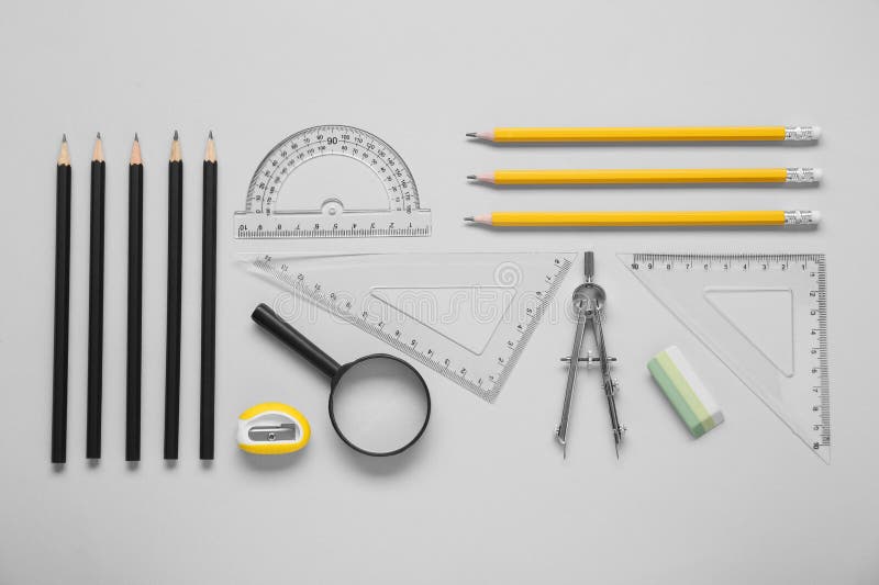 Flat Lay Composition with Different Rulers and Compass on Light Grey ...