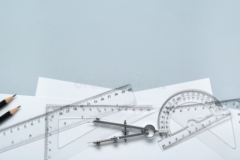 Different Rulers and Compass on Light Blue Background, Flat Lay Stock ...