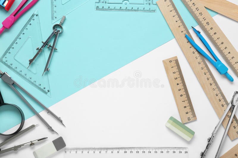 Different Rulers and Compass on Light Blue Background, Flat Lay Stock ...
