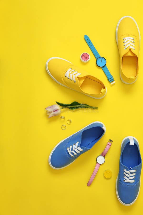 Flat Lay Composition with Different Sneakers and Accessories. Trendy ...