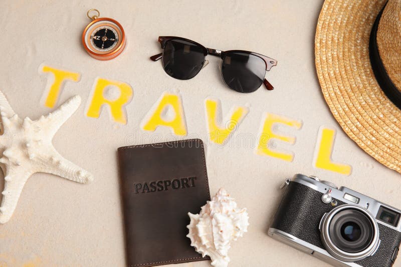 Flat Lay Composition with Different Tourist Objects and Word TRAVEL ...