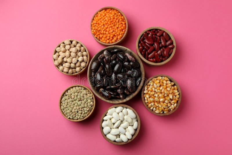 Flat Lay Composition Different Types Beans Pink Background Stock Photos ...