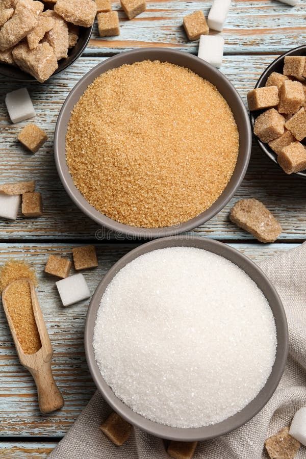 Flat Lay Composition with Different Types of Sugar on Rustic Table ...