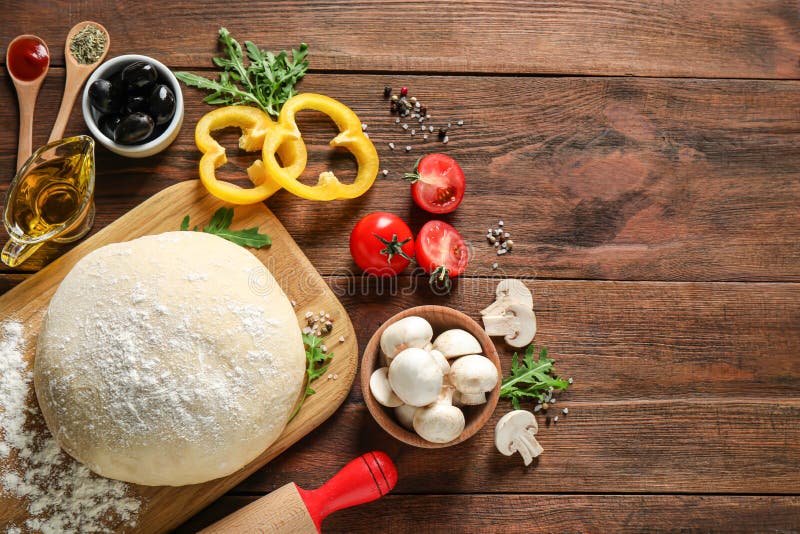 Flat Lay Composition with Dough and Fresh Pizza Ingredients on Wooden ...