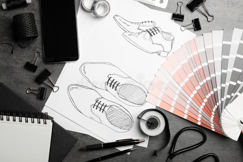 Flat Lay Composition with Drawing of Shoes on Table. Designer`s ...