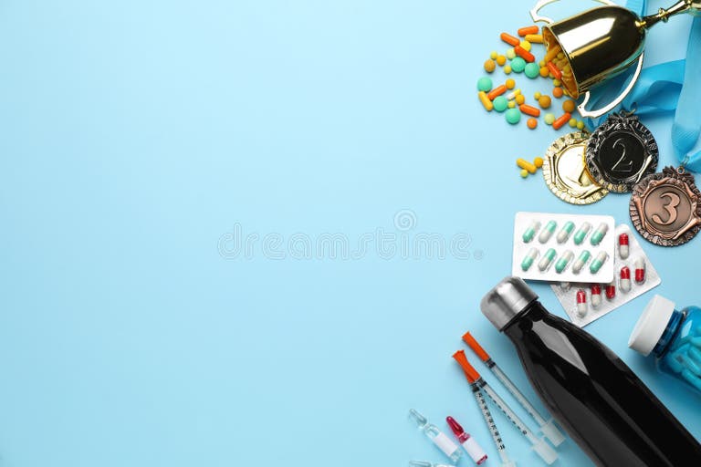 Flat Lay Composition with Drugs on Light Blue Background, Space for ...