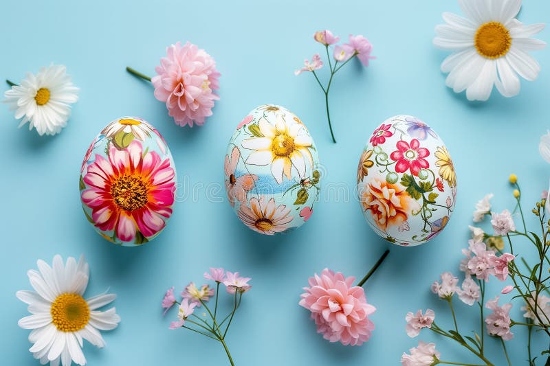 Flat Lay Composition from Easter Eggs with Flower Pattern and Spring ...