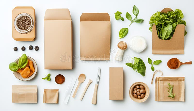 Flat Lay Composition with Eco Friendly Food Packagings on White ...