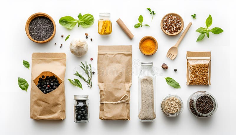 Flat Lay Composition with Eco Friendly Food Packagings on White ...