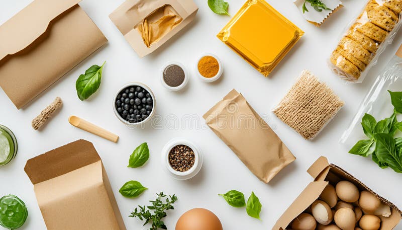 Flat Lay Composition with Eco Friendly Food Packagings on White ...