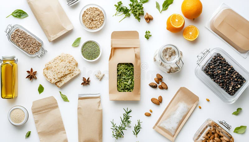Flat Lay Composition with Eco Friendly Food Packagings on White ...