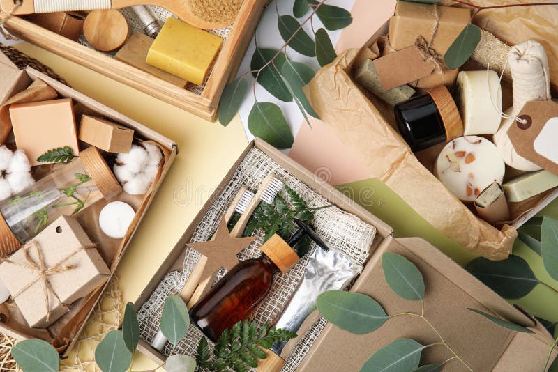 Flat Lay Composition with Eco Friendly Personal Care Products on Color ...