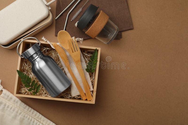 Flat Lay Composition with Eco Friendly Products on Brown Background ...
