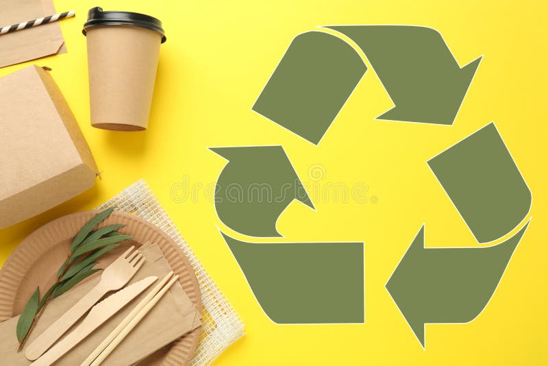 Flat Lay Composition with Eco Friendly Tableware and Recycling Symbol ...
