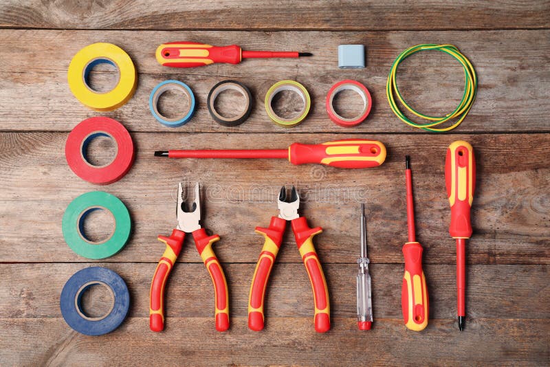 Flat Lay Composition with Electrician`s Tools Stock Photo - Image of ...
